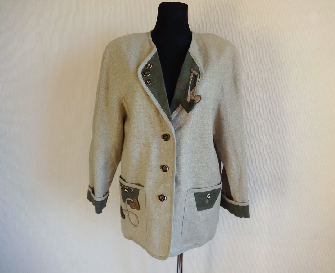 Vintage Austrian Linen Gray & Green Blazer Drindl Trachten Hearts ...