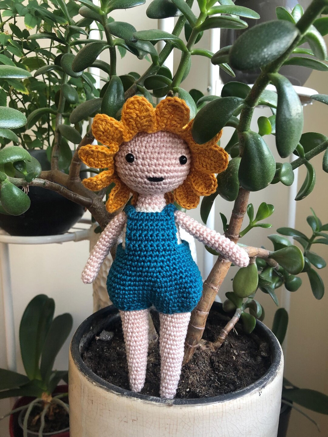 Crochet Sprite With Yellow Flower Hat and Blue Dungarees - Etsy