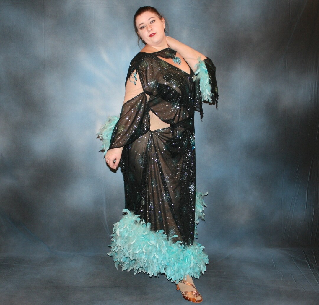 Black Plus Size Ballroom Dress With Light Turquoise Accents & Feathers ...