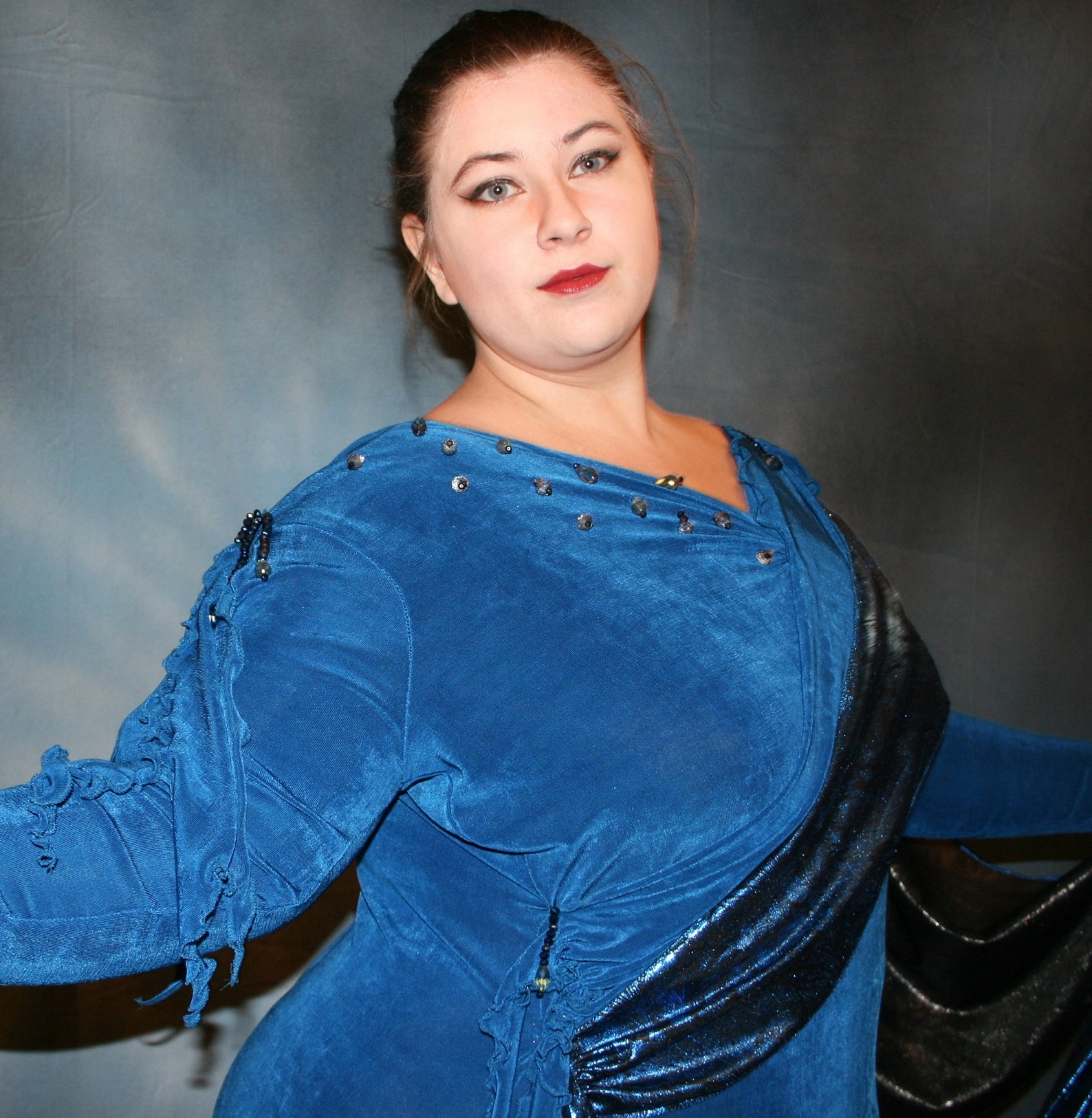 Blue Plus Size Ballroom Dress With Black Accents & Hand Beading Size 17 ...