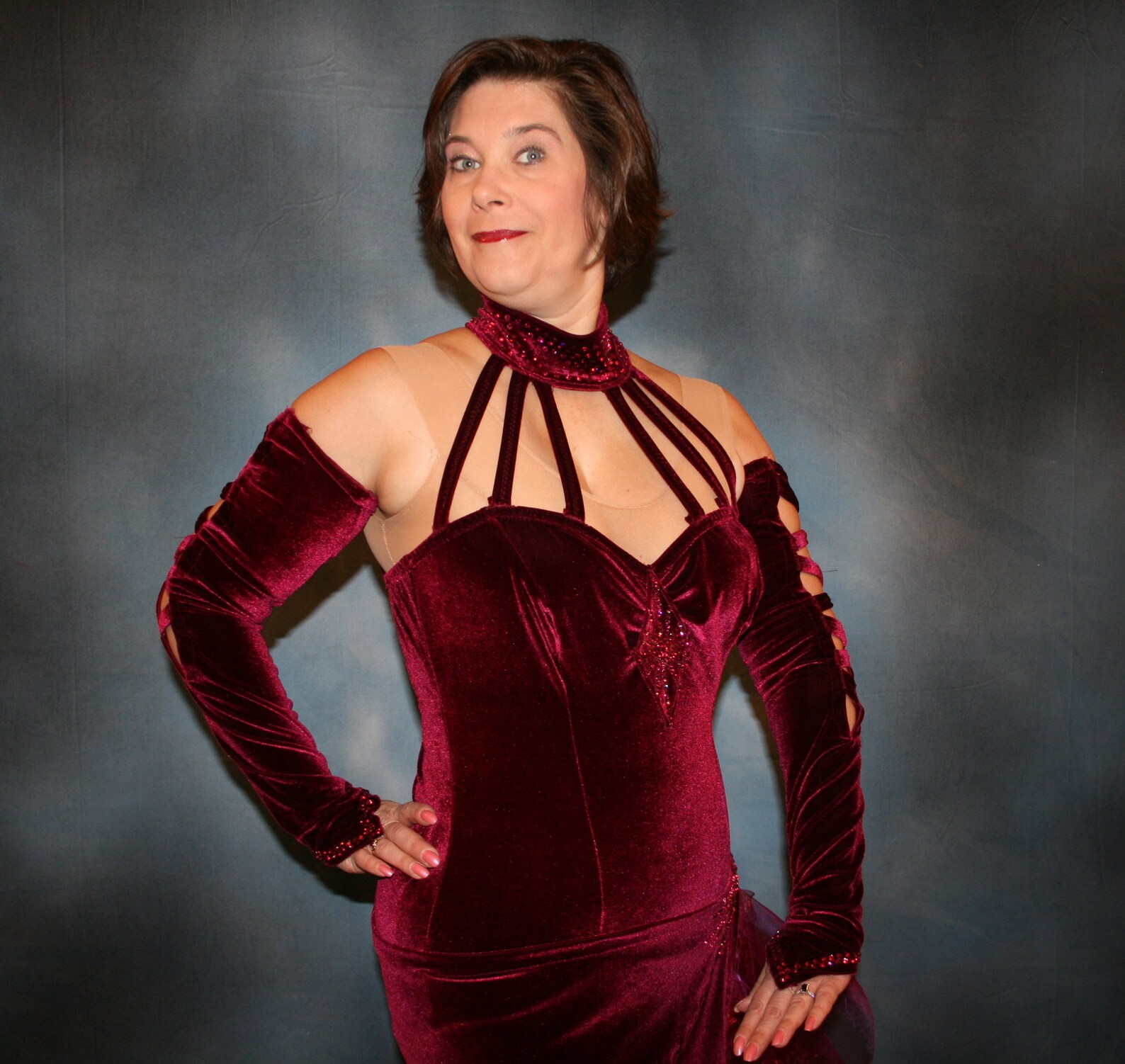 Burgundy Velvet Tango Dress: Fuchsia Rhinestones, Flounce Details, Size ...