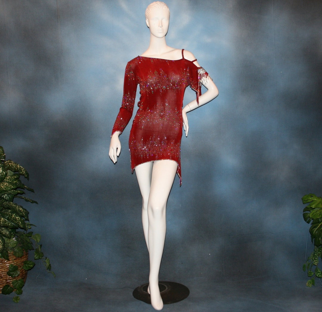 Red Latin-rhythm Dress With Silver Accents Swarovski Rhinestones Hand ...