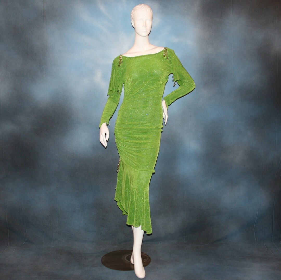 Green Latin-rhythm Dress, Social, Beginner Dancer, Long Sleeve, Glitter ...