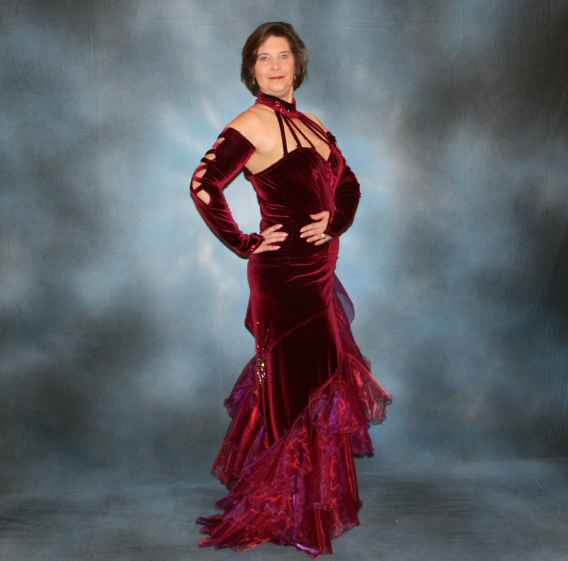 Burgundy Velvet Tango Dress: Fuchsia Rhinestones, Flounce Details, Size ...