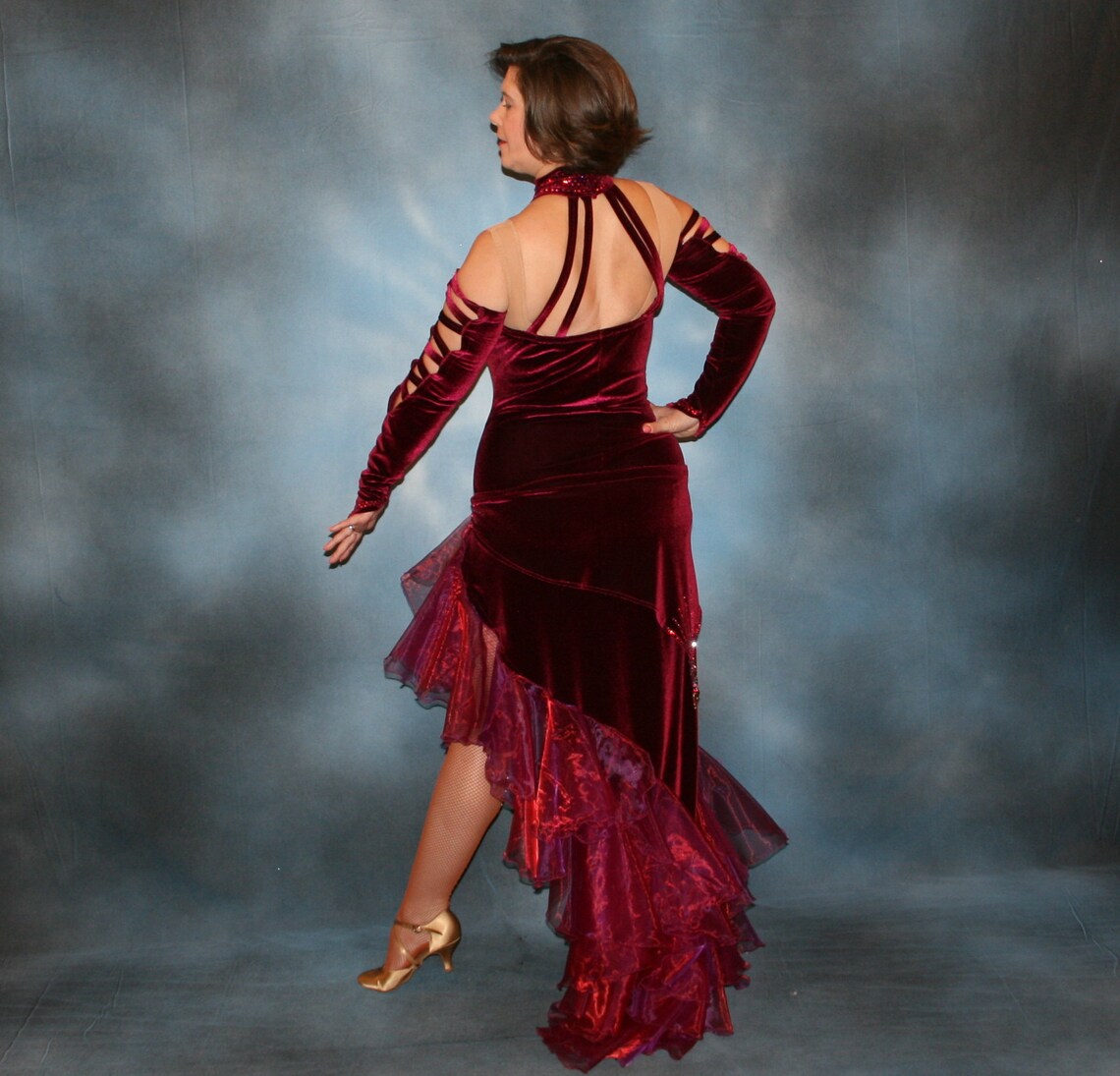Burgundy Velvet Tango Dress: Fuchsia Rhinestones, Flounce Details, Size ...