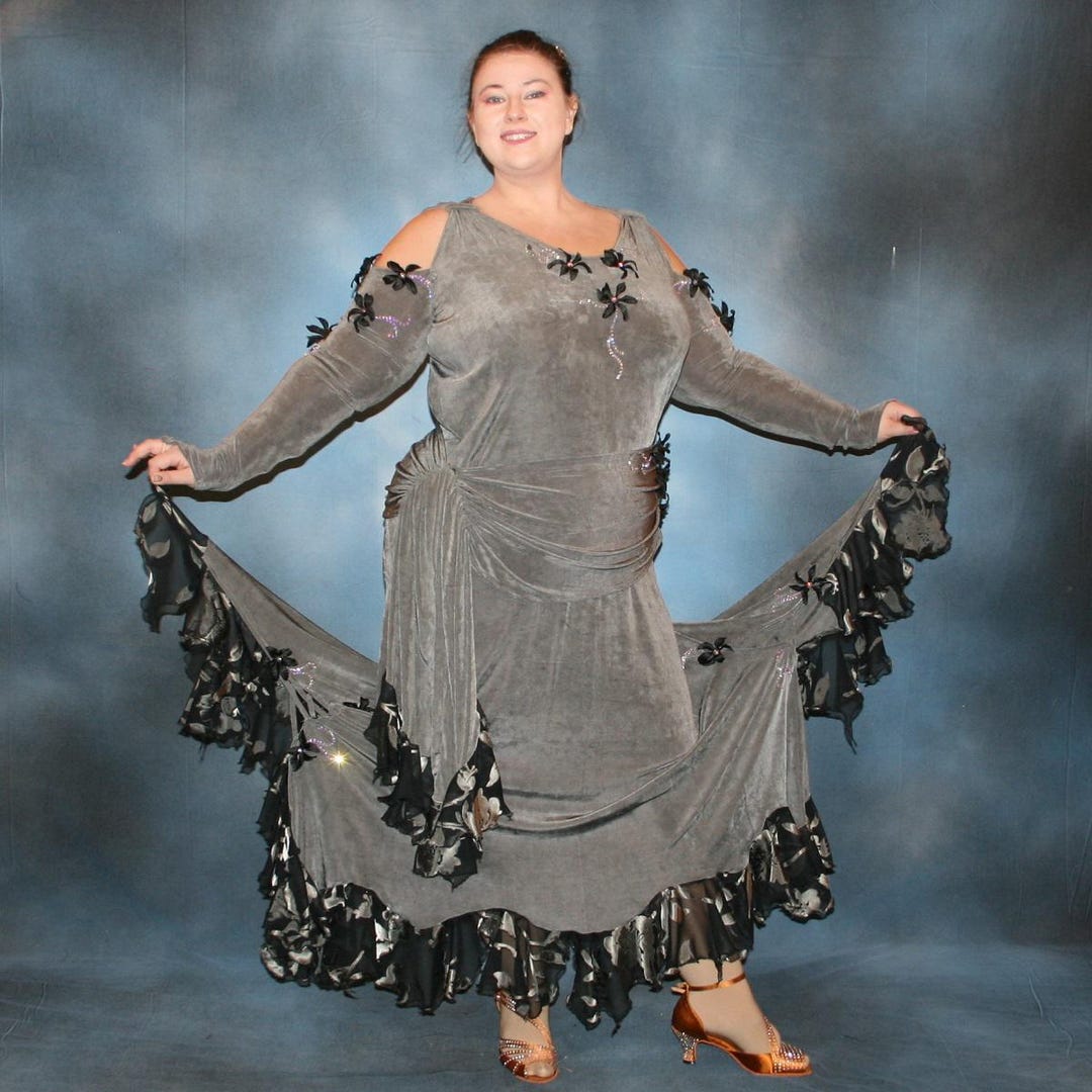 Grey Plus Size Ballroom Dance Dress With Black Accents Silk Roses ...