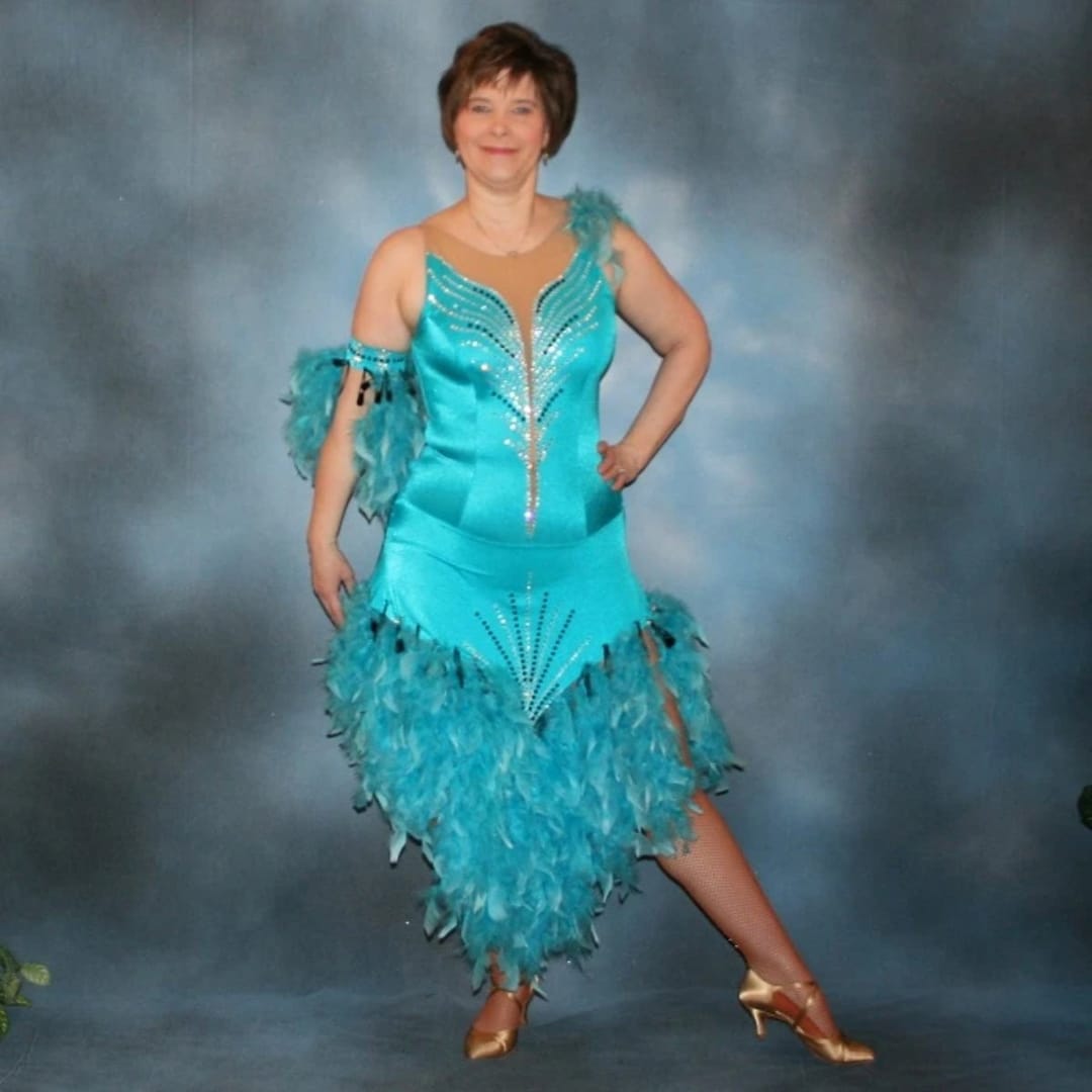 Turquoise Latin-rhythm Dress With Black Accents Spangles Crystal ...