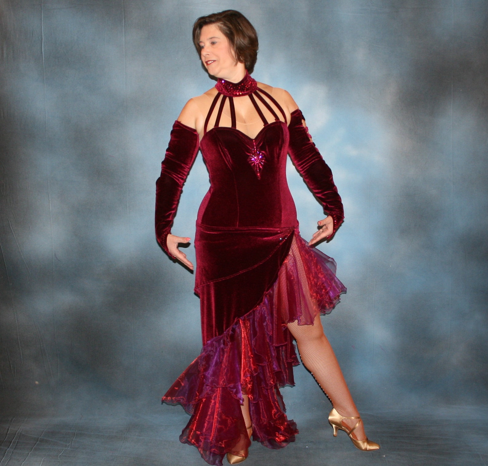 Burgundy Velvet Tango Dress: Fuchsia Rhinestones, Flounce Details, Size ...
