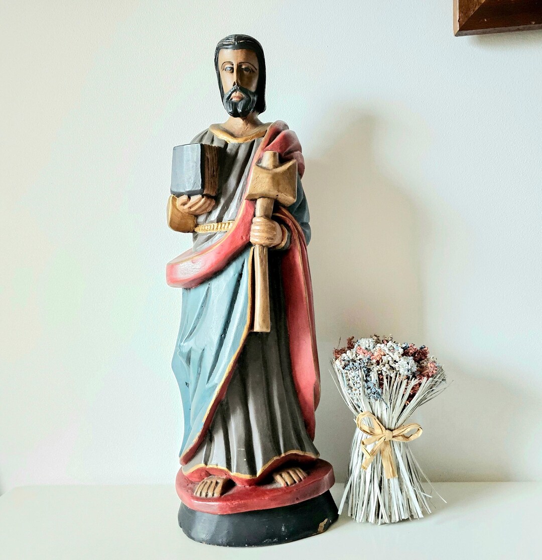Saint Joseph Wood Statue, Vintage Hand-carved Wood and Hand Painted ...