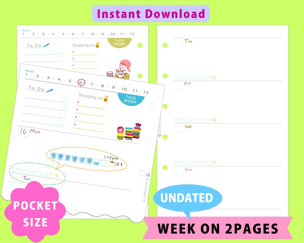 PRINTABLE Pocket Size, Undated Weekly Planner, Week on Two Pages ...