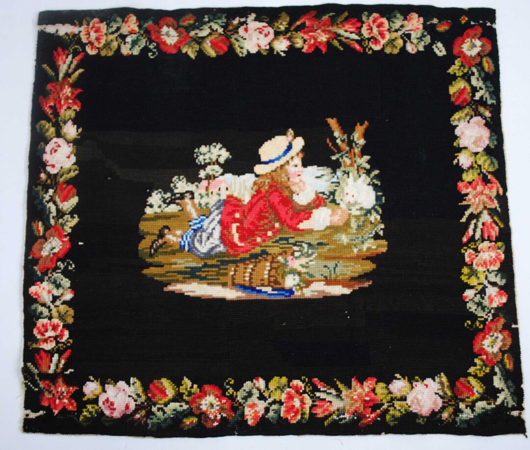 Antique Berlin Work Needlepoint Panel, Girl With Rabbit, 1850s - Etsy
