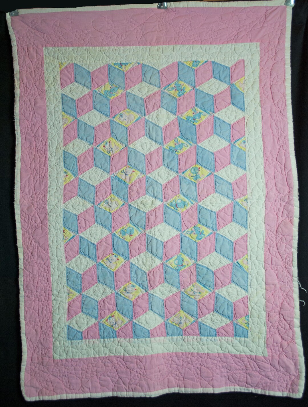 1950's Patchwork Crib Quilt, Tumbling Block Pattern, Hand Stitched and ...