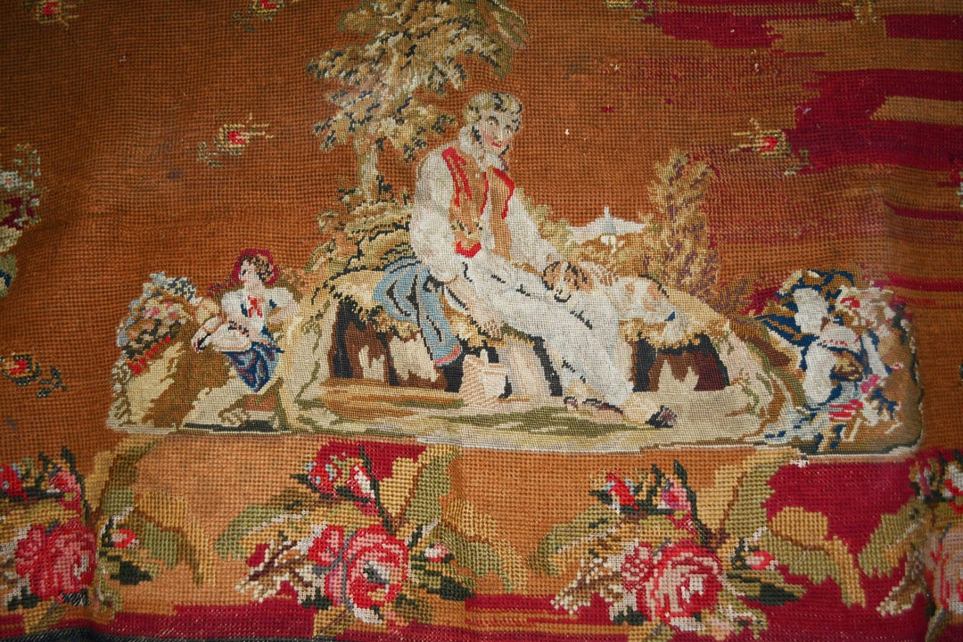 Victorian Hand Embroidered Figural Needlepoint With Roses, 1850s - Etsy