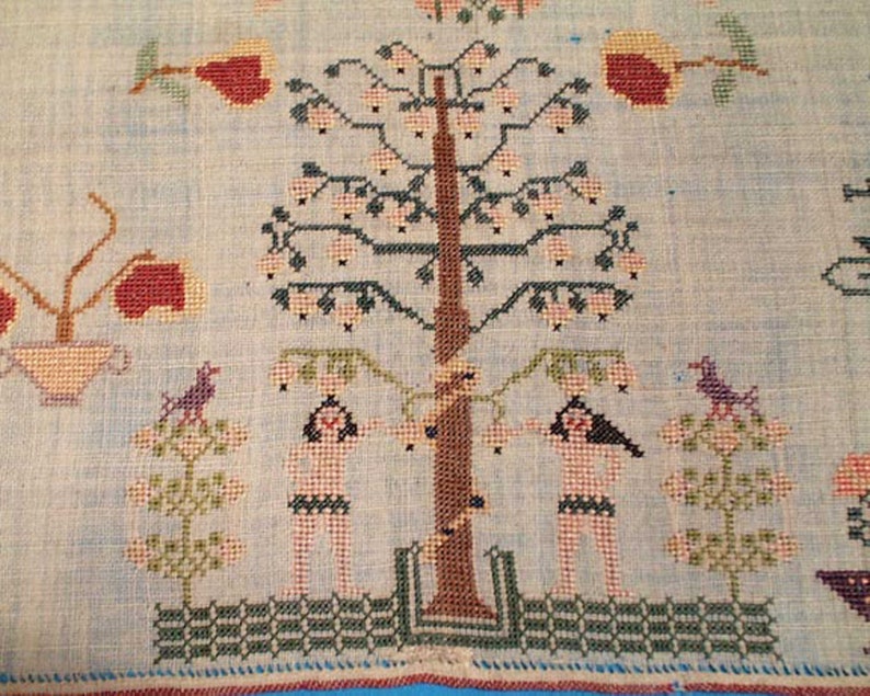 Victorian Folk Art Sampler With Adam & Eve, Dated 1850 - Etsy