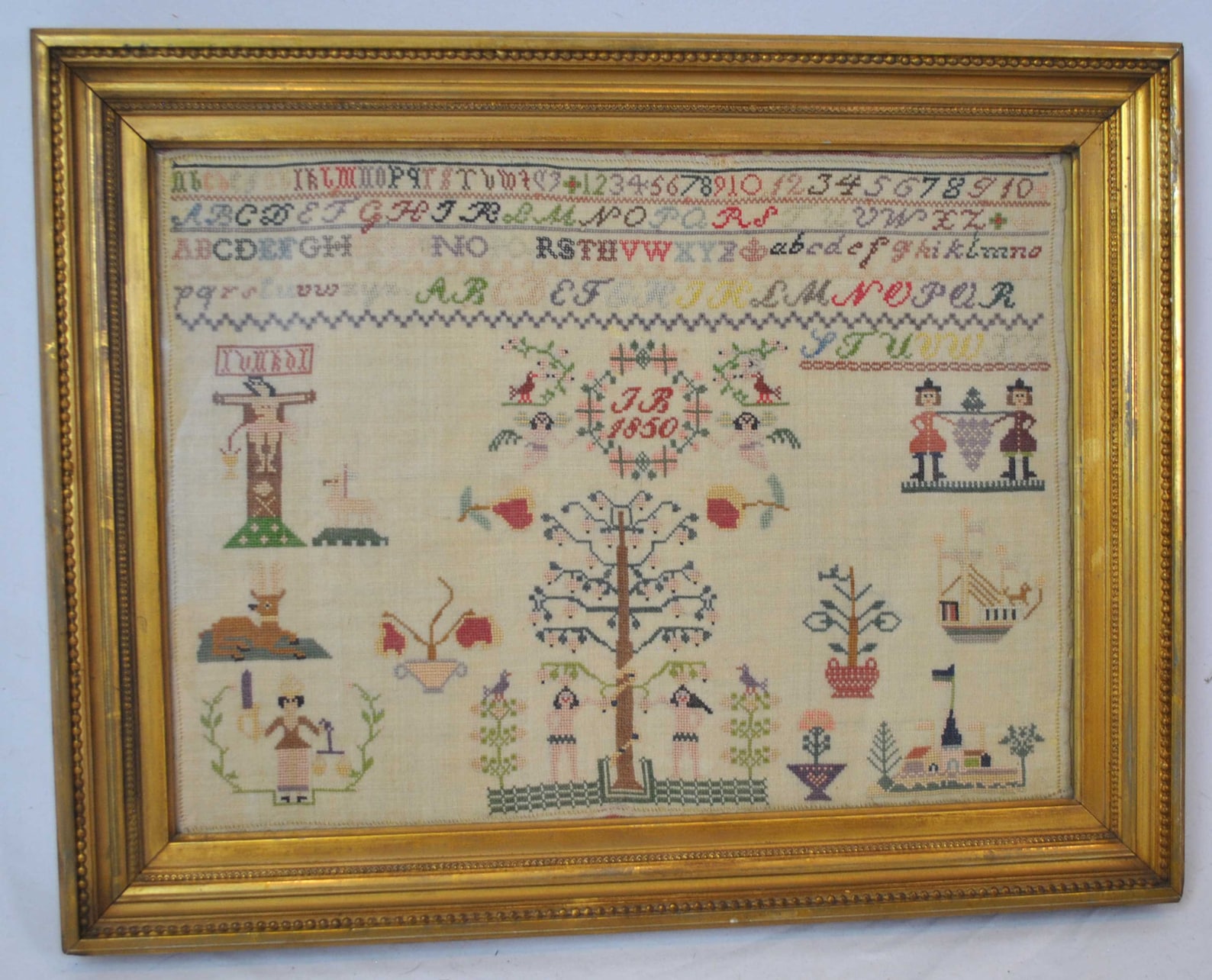 Victorian Folk Art Sampler With Adam & Eve, Dated 1850 - Etsy
