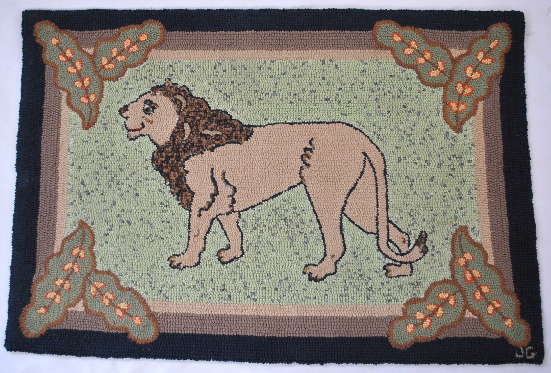 Vintage Hooked Rug Wool With Lion, 29-3/4 X 20-1/4, Americana Folk Art ...