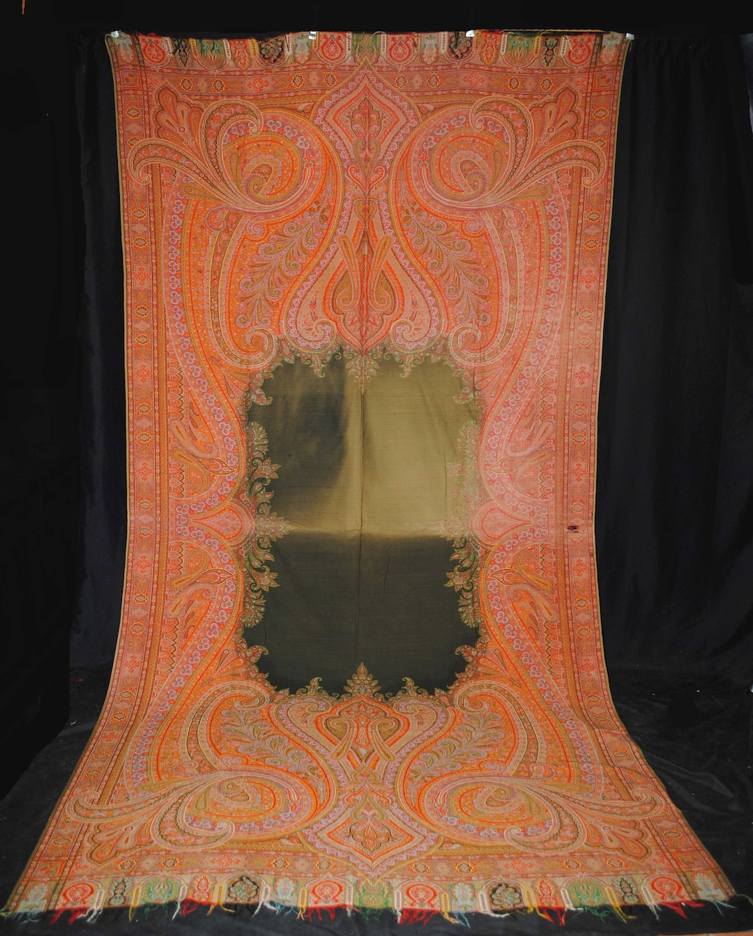 Victorian Jacquard Woven Paisley Shawl, Black Center, 1860s, 125 X 64 ...