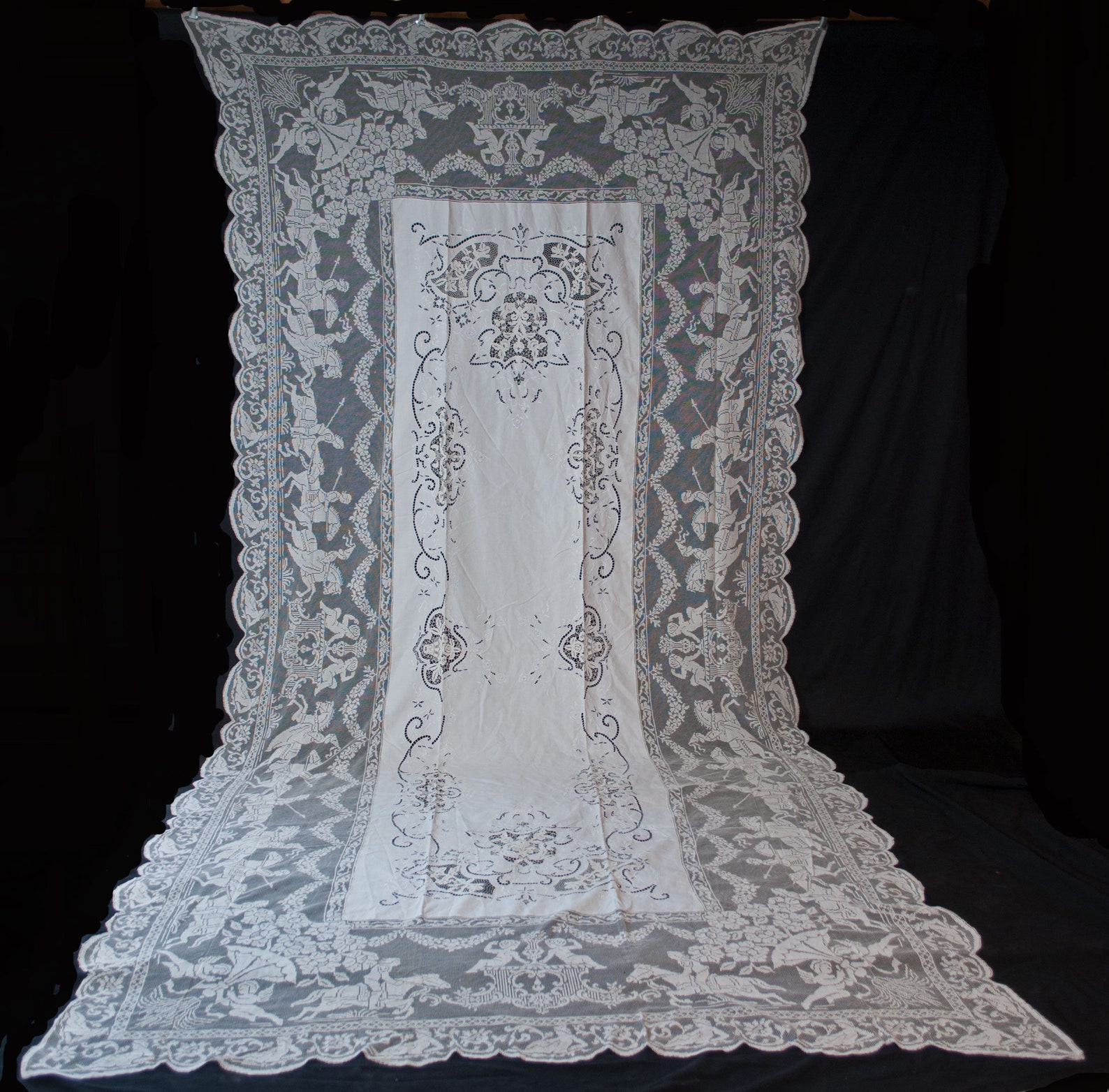 Antique Linen Tablecloth - Horses With Riders in Filet - Italian ...