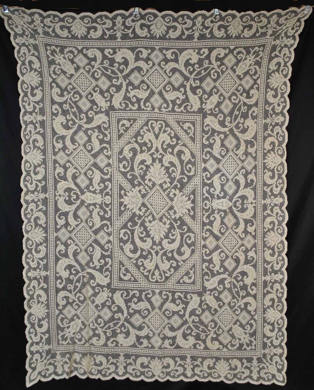 Antique Mondano Knotted Filet Net Mesh Lace Tablecloth, 79" X 58" - Etsy