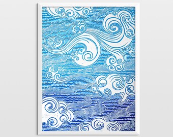 Linocut Clouds - Etsy
