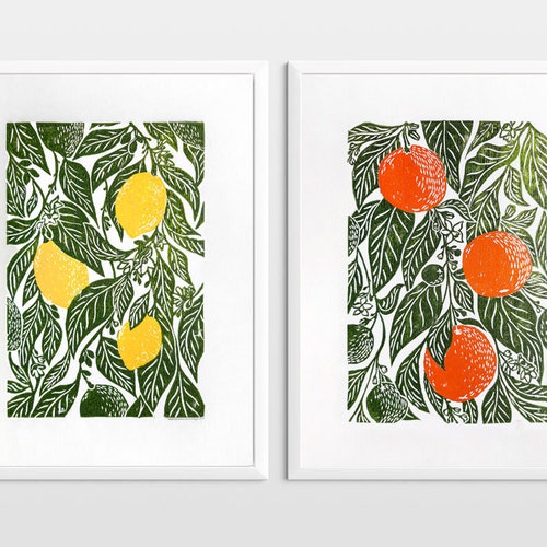 Wood & Linocut Prints Home Decor Handmade Lemons Lino Print Lemon Print ...