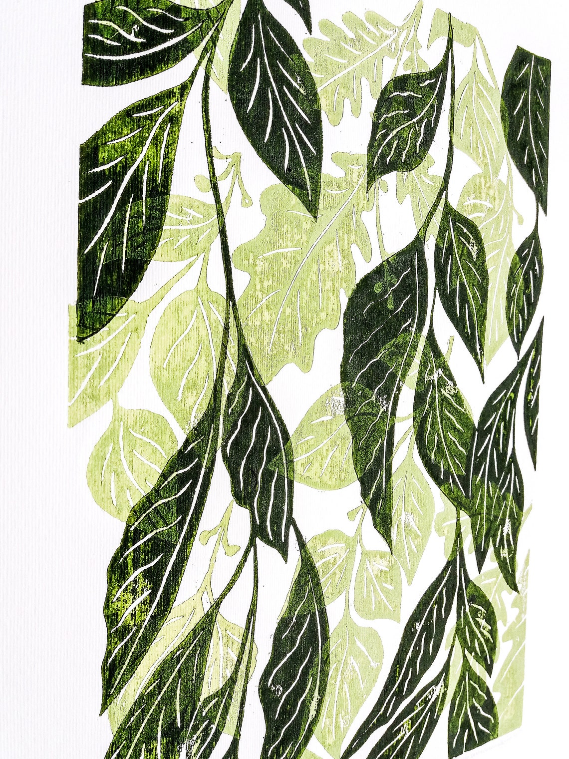 Green leaves wall art Original linocut print Botanical art | Etsy