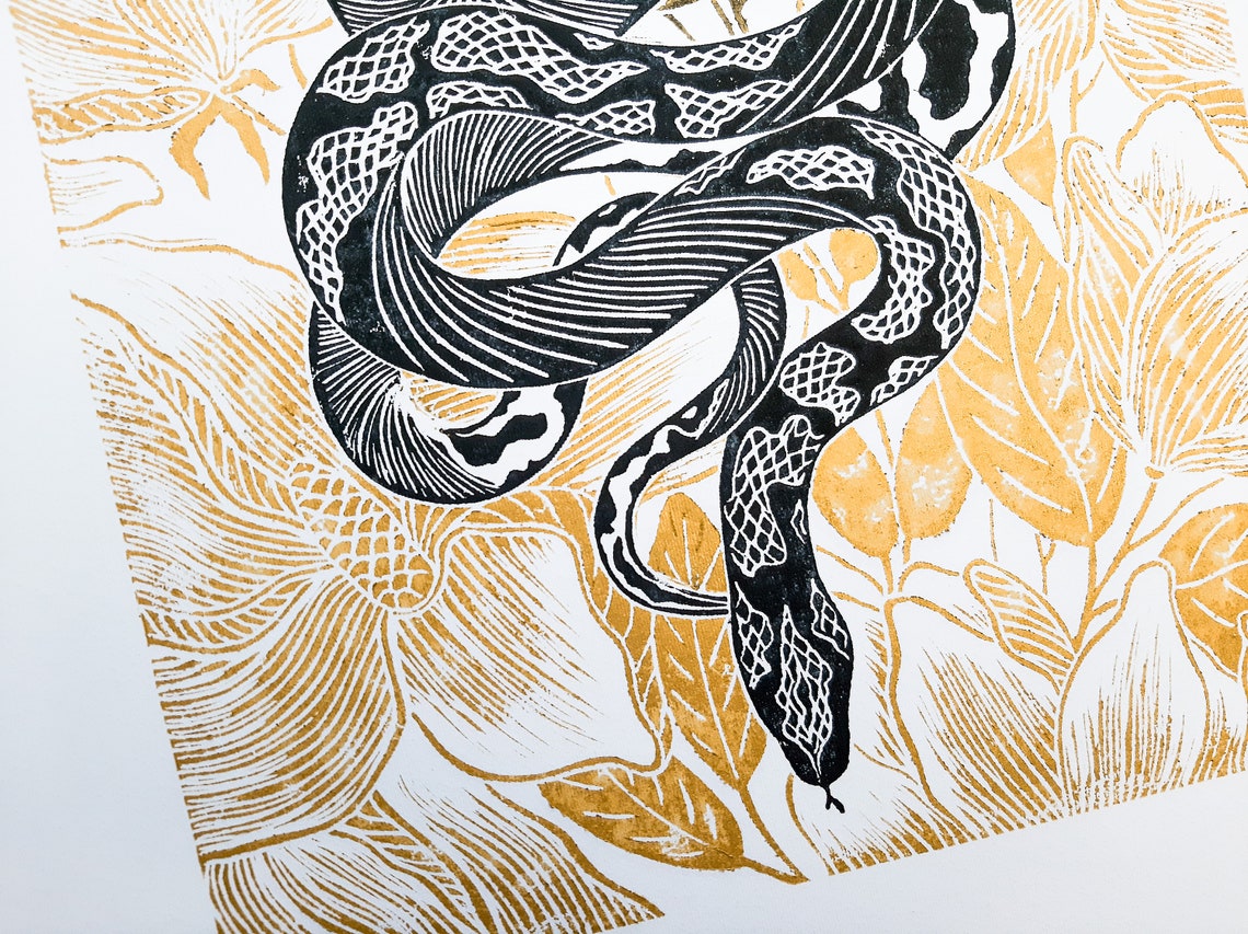 Black and gold floral snake Original linocut print Reptile | Etsy