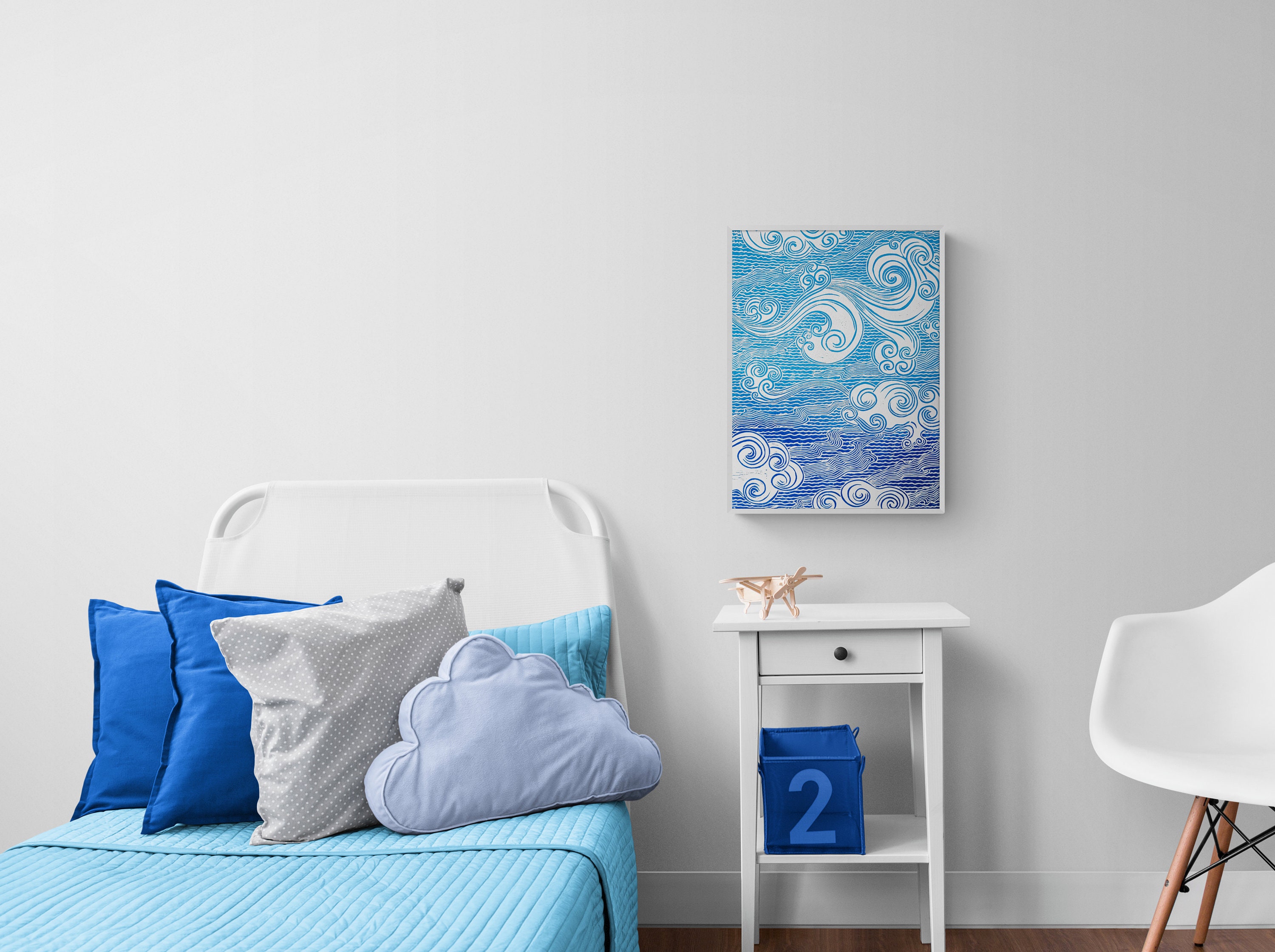 Linocut Print Blue Japanese Clouds Art Original Artwork | Etsy