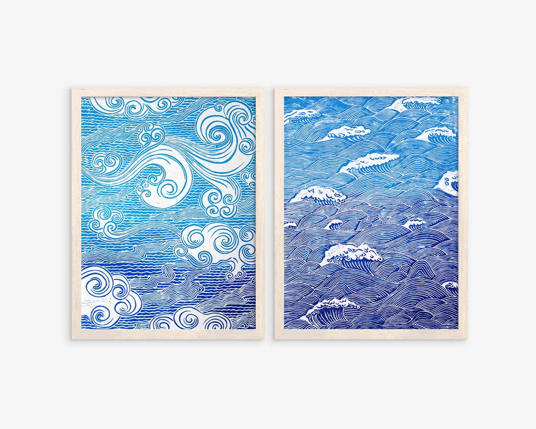 Blue Japanese Wave and Clouds Gallery Wall Set of 2 Linocut Print ...