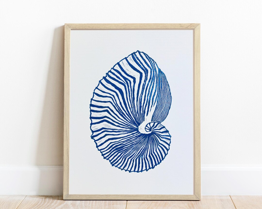 Linocut Print Blue Abstract Sea Shell Original Artwork Simple Relief Hampton Classical Wall Art ...