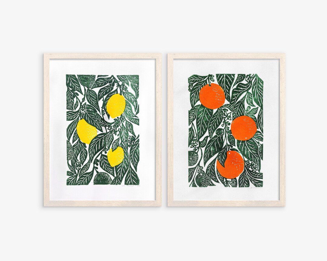Set of 2 Prints Oranges and Lemons Original Linocut Print Botanical ...