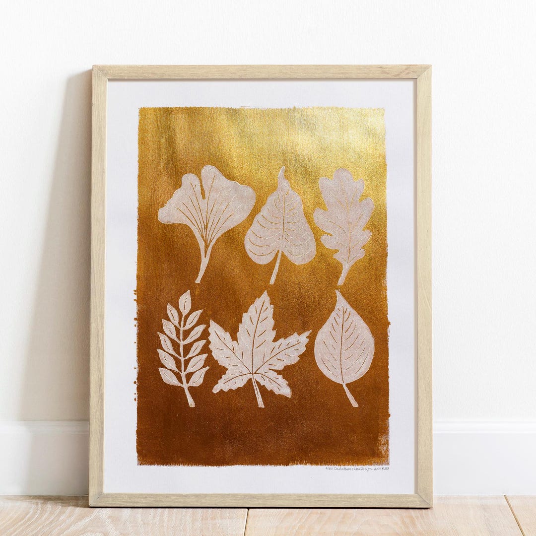 Clearance Sale One of A Kind Linocut Print Fall Leaves Relief Wall Art ...