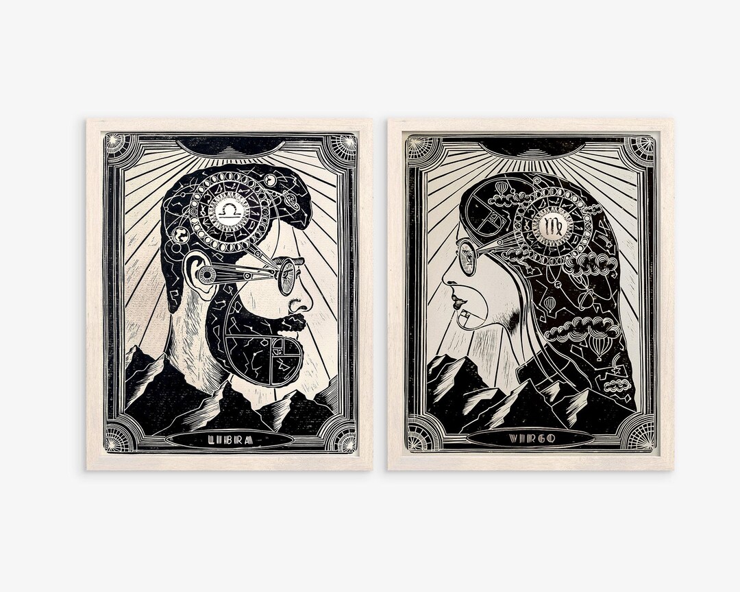 Gallery Wall Set of 2 Personalized Zodiac Sign Linocut Print Male ...