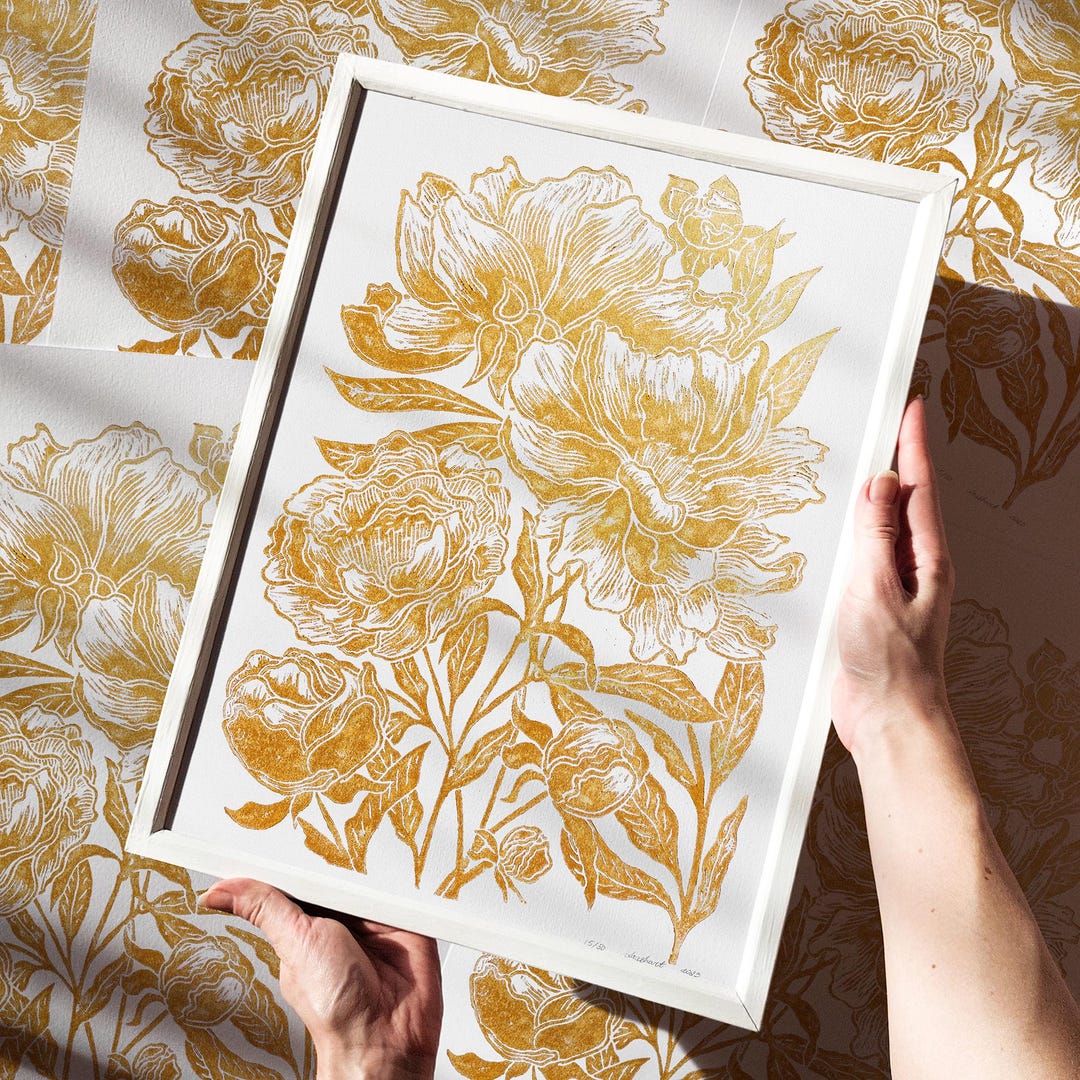 Botanical Linocut Print Gold Peonies Flower Linoprint Handmade Unframed ...