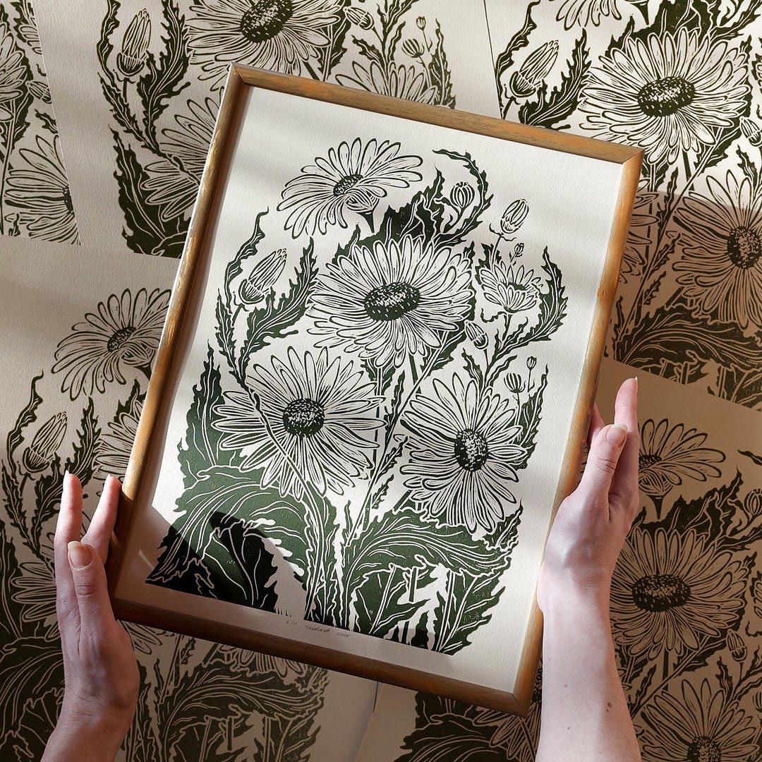Linocut Print Daisy Flower Linocut Art Botanical Original Artwork ...