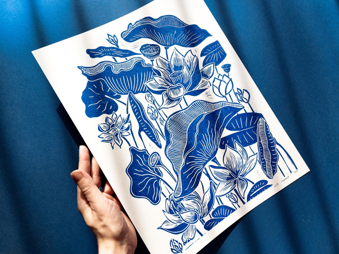Blue Japanese Lotus Flower Plant Linocut Print Botanical Original ...