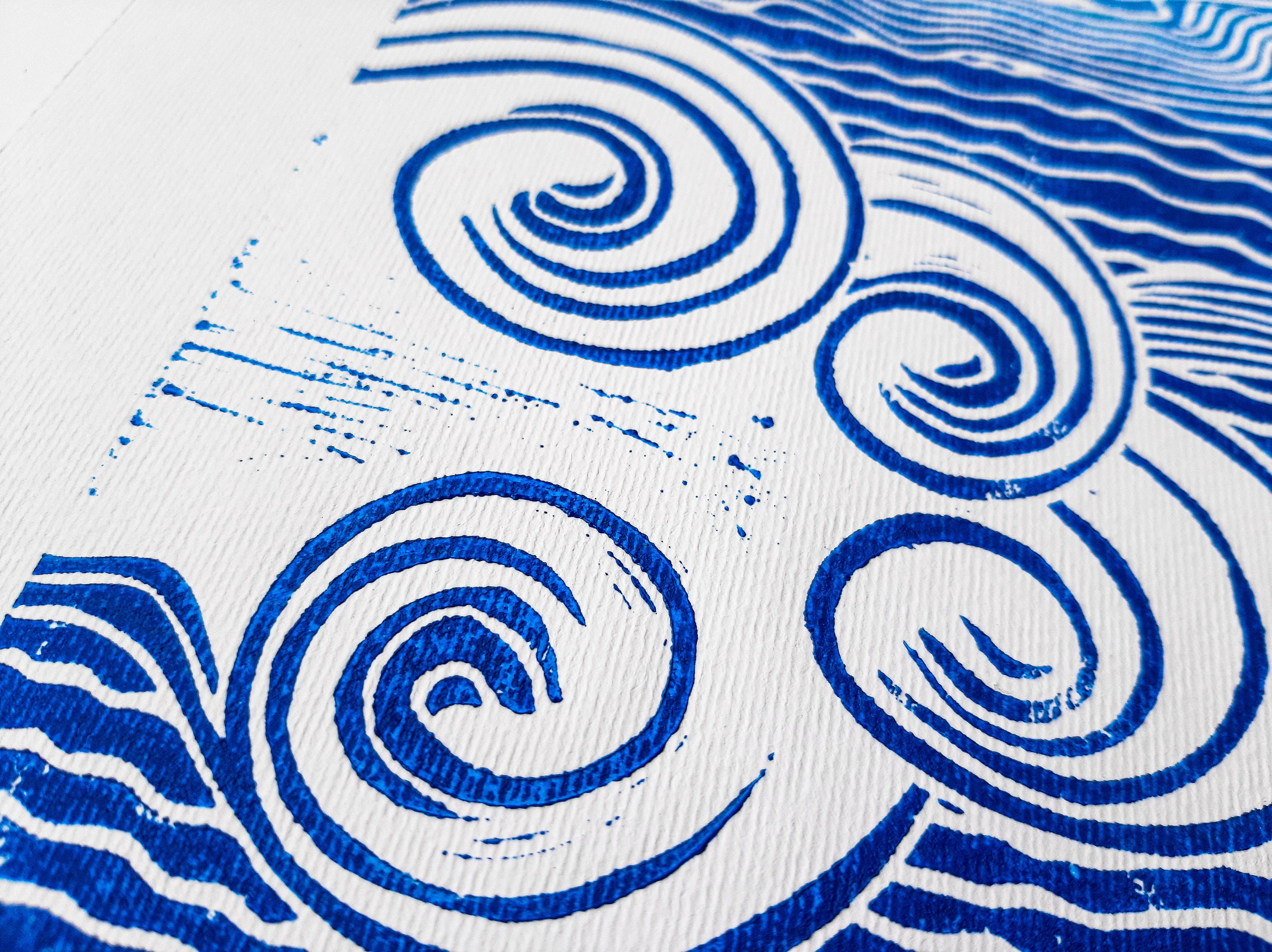 Linocut Print Blue Japanese Clouds Art Original Artwork | Etsy