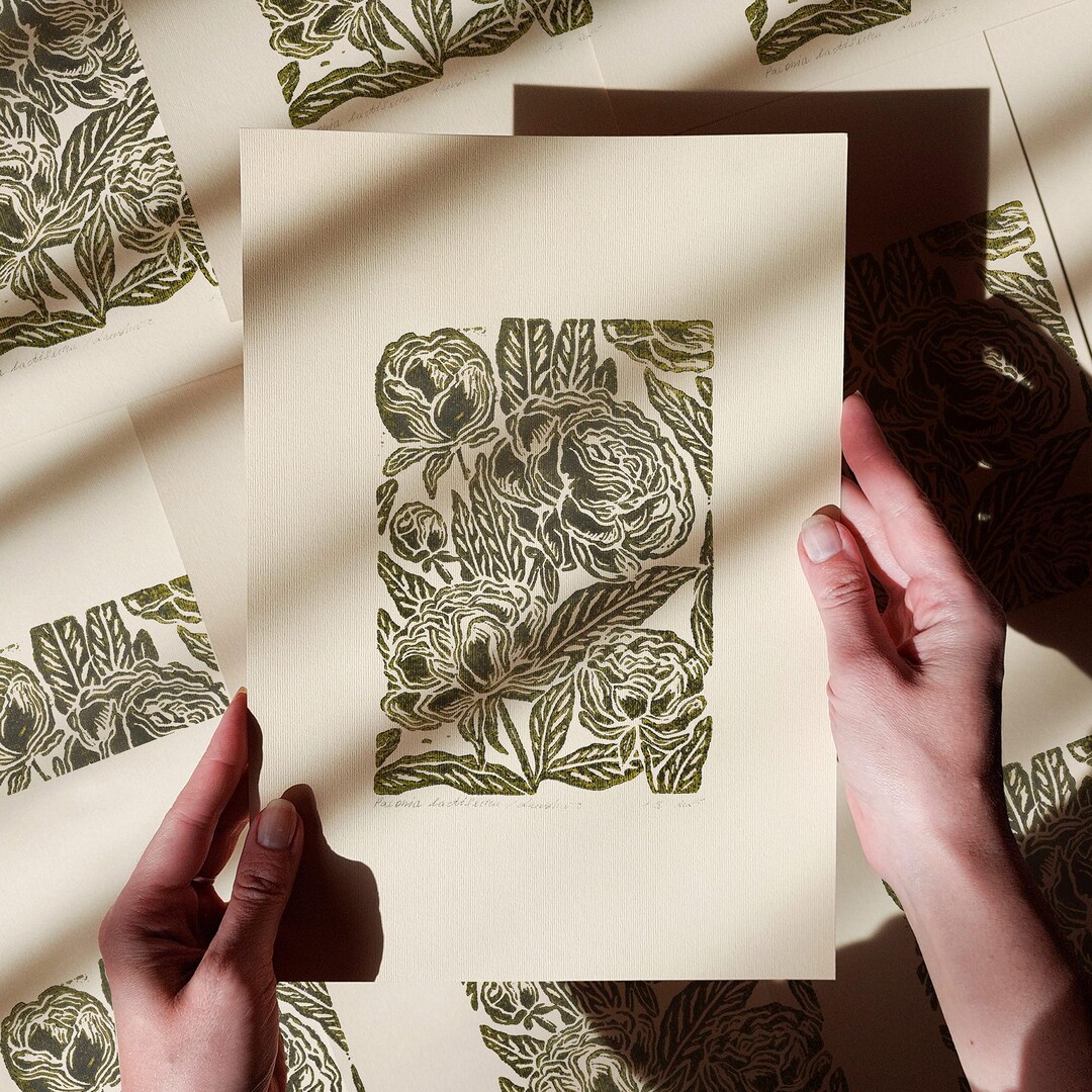 Retro Peony Flowers Linocut Print Cottagecore Sage Green Floral ...