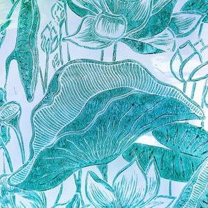 Plexiglass Linocut Print Lotus Flower Botanical Art Living Room Decor ...