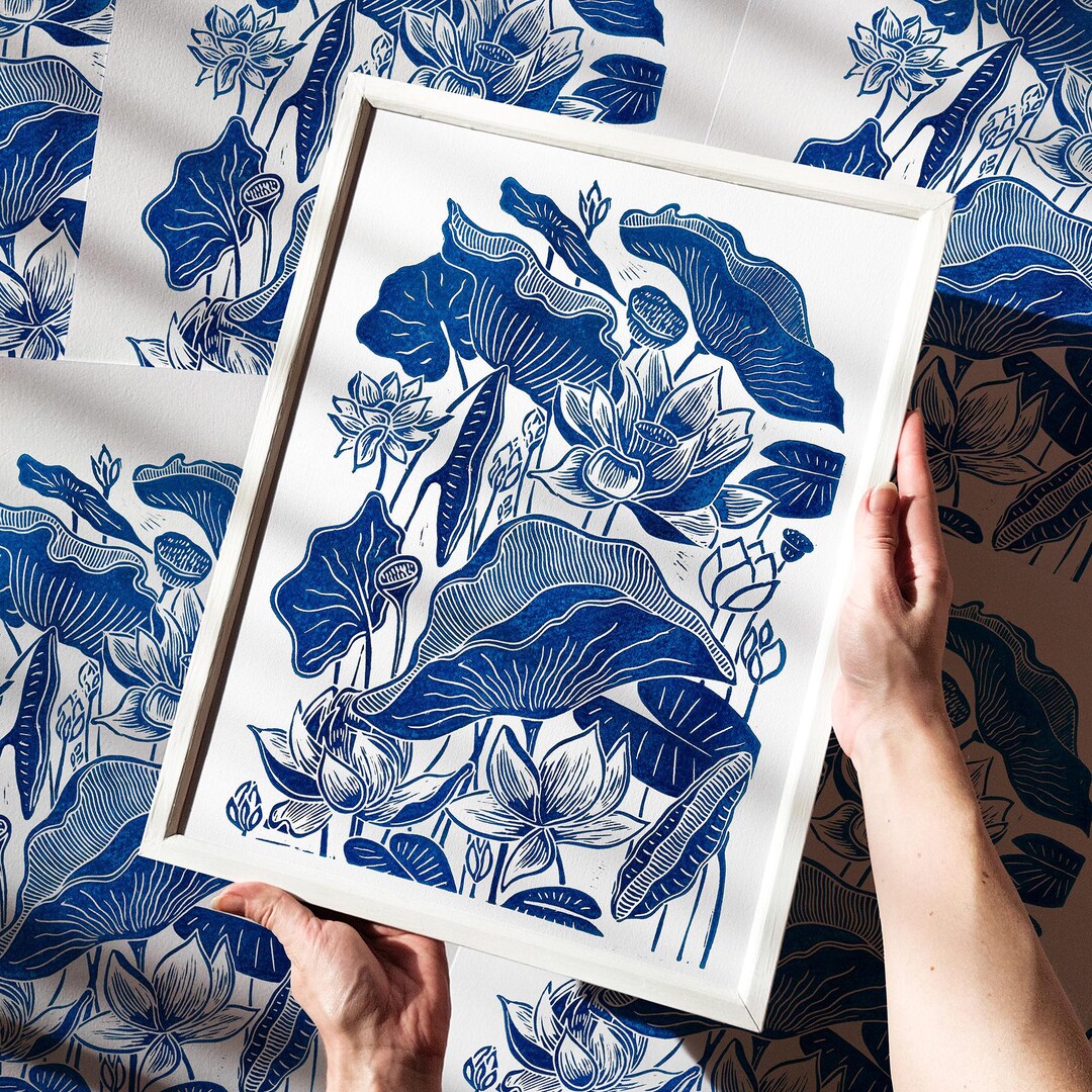 Blue Japanese Lotus Flower Plant Linocut Print Original Artwork Modern ...