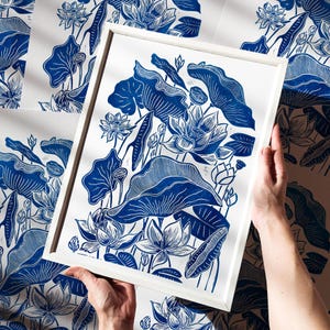 Blue Japanese Lotus Flower Plant Linocut Print Original Artwork Modern ...