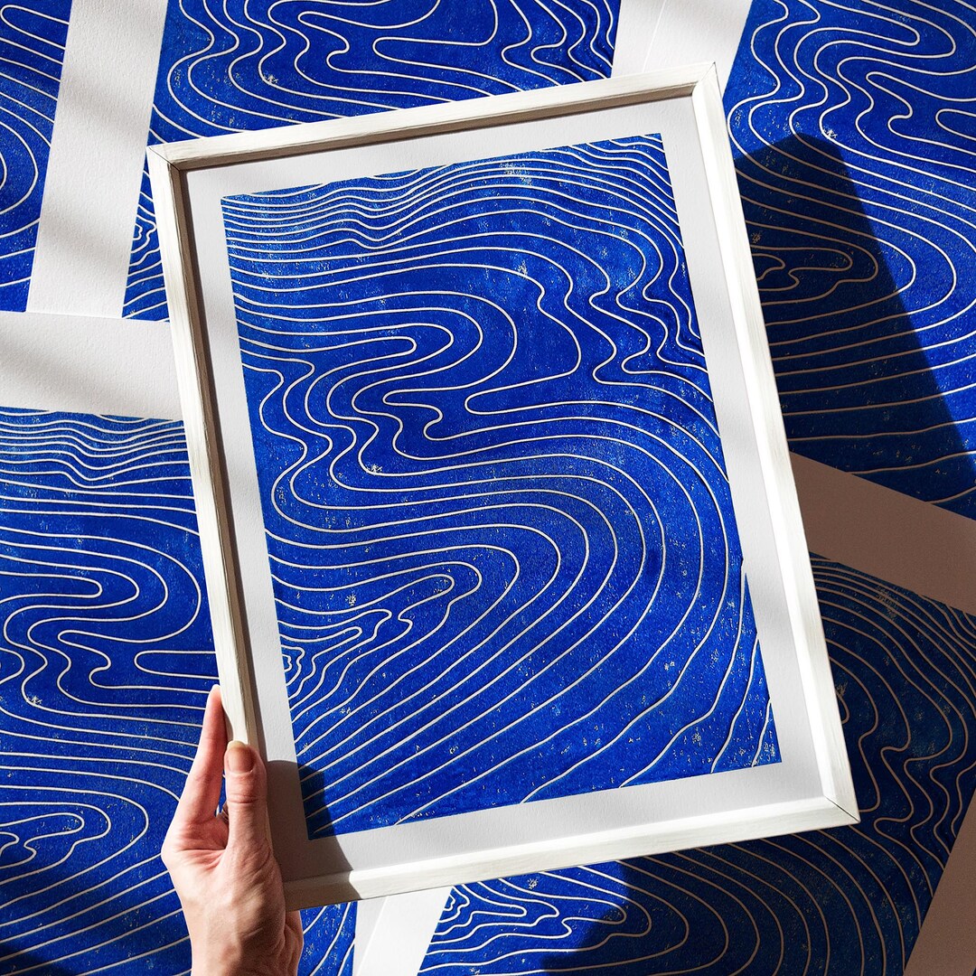 Linocut Print Waves Nautical Linocut Japanese Original Art Blue Living ...
