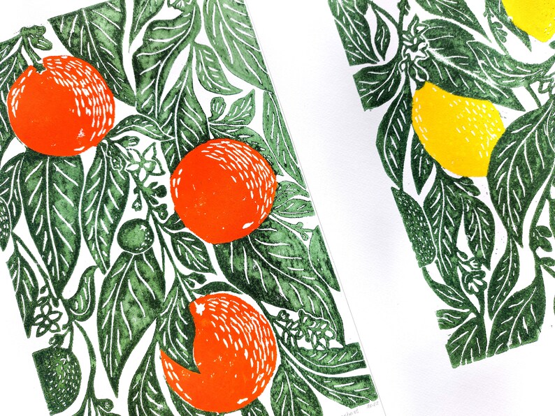 Original Linocut Print Oranges Artwork Botanical Kitchen Wall - Etsy