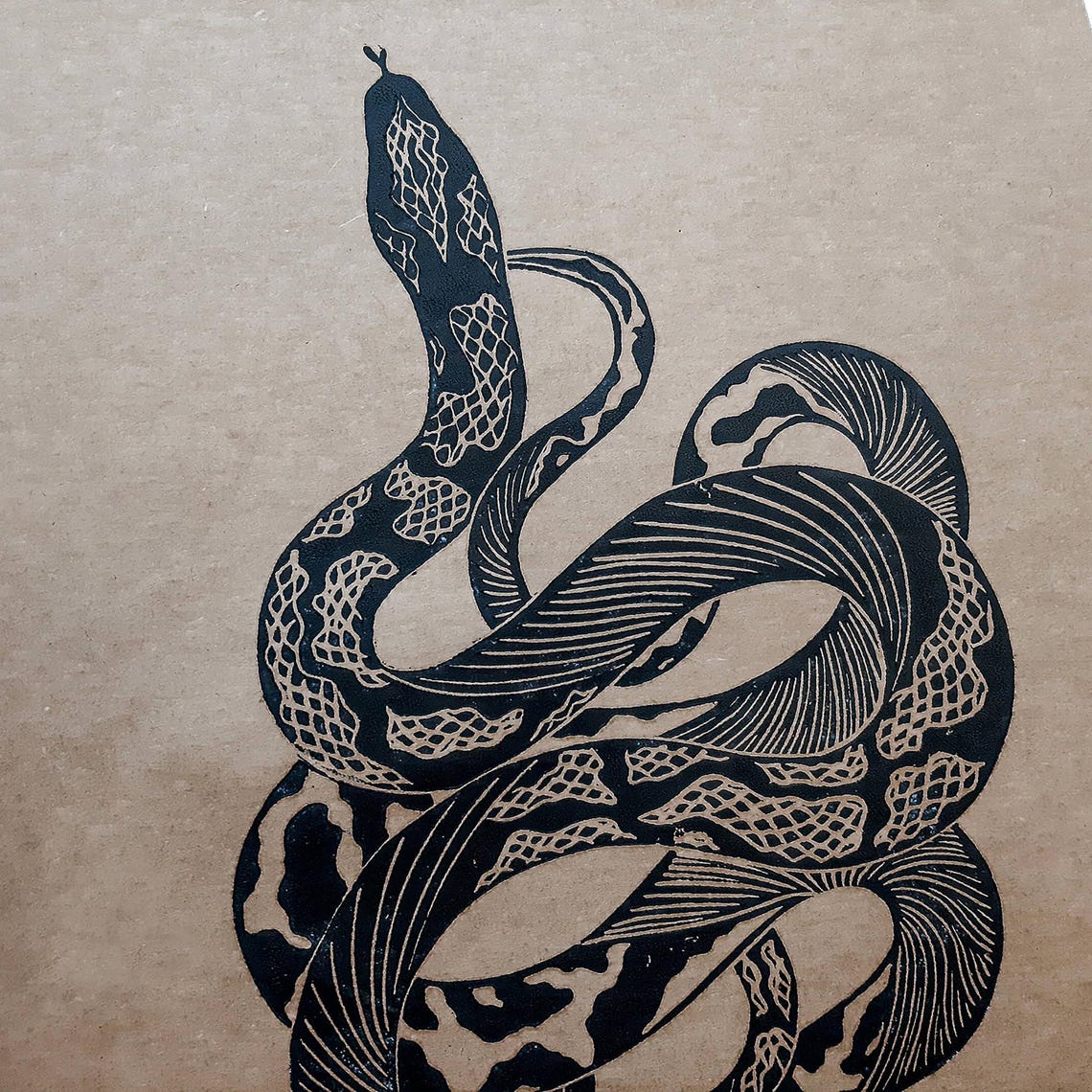 Antique Tattoo Snakes Linocut Print Original Artwork Boho Living Room ...