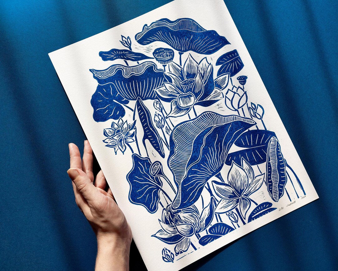 Flower Lino Print Blue Japanese Lotus Flower Plant Linocut Print ...