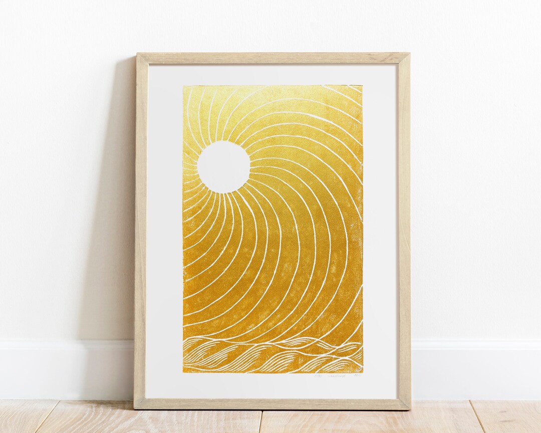 Linocut Print Gold Boho Sun and Waves Wall Art Simple Artwork - Etsy
