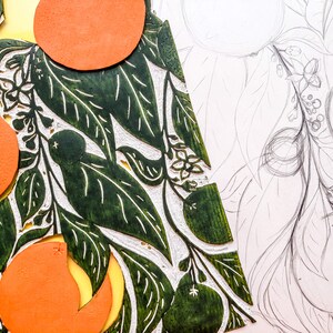 Original linocut print Oranges artwork Botanical kitchen wall | Etsy