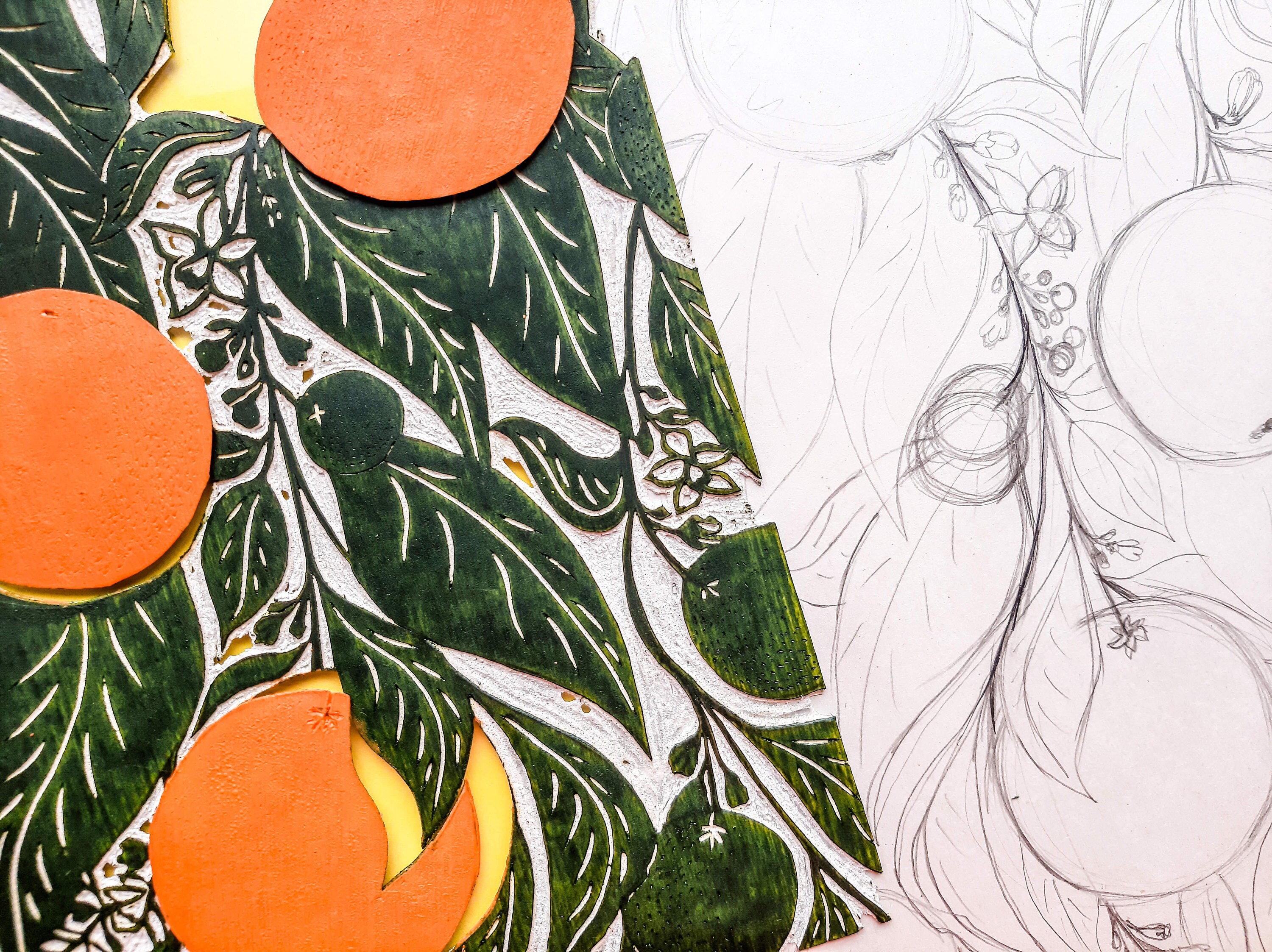 Original linocut print Oranges artwork Botanical kitchen wall | Etsy