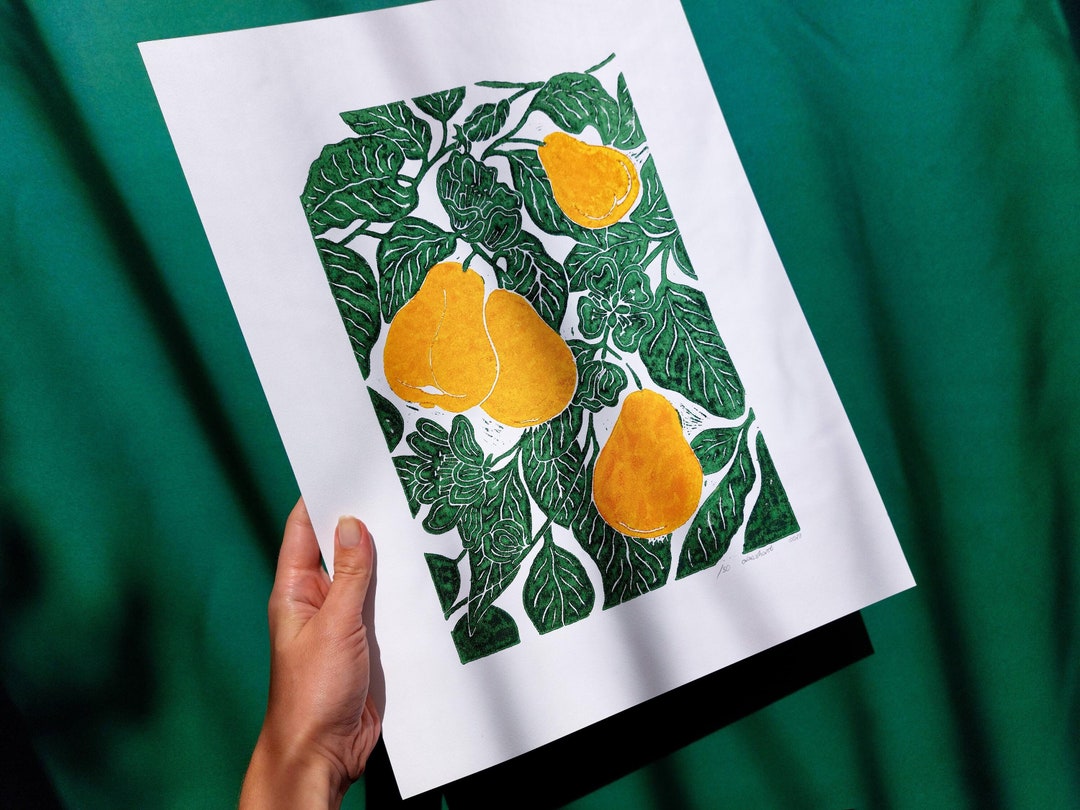 Botanical Linocut Print Pears Original Artwork Relief Fruit Printmaking ...