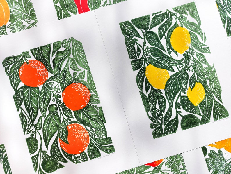 Set of 2 Prints Oranges and Lemons Original Linocut Print - Etsy